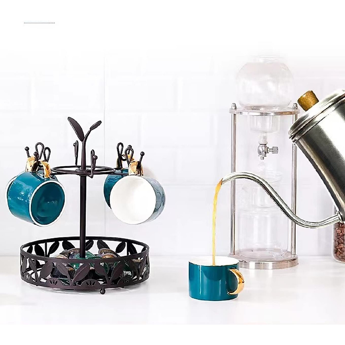 INMTIE Coffee Mug Holder Tree Stand for Bar Kitchen Counter Mug Tree with Storage Basket Multifunctional Coffee Cup Holder For Counter with 6 Hooks for Coffee Bar