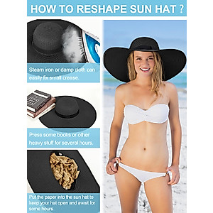 Beach Hats for Women, Wide Brim Sun Straw Hat Foldable Summer Floppy Hat UV Protection Cap Black