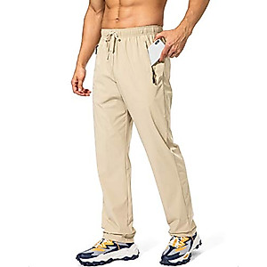 Pudolla Men's Workout Athletic Pants Elastic Waist Jogging Running Pants for Men with Zipper Pockets(Khaki XX-Large)