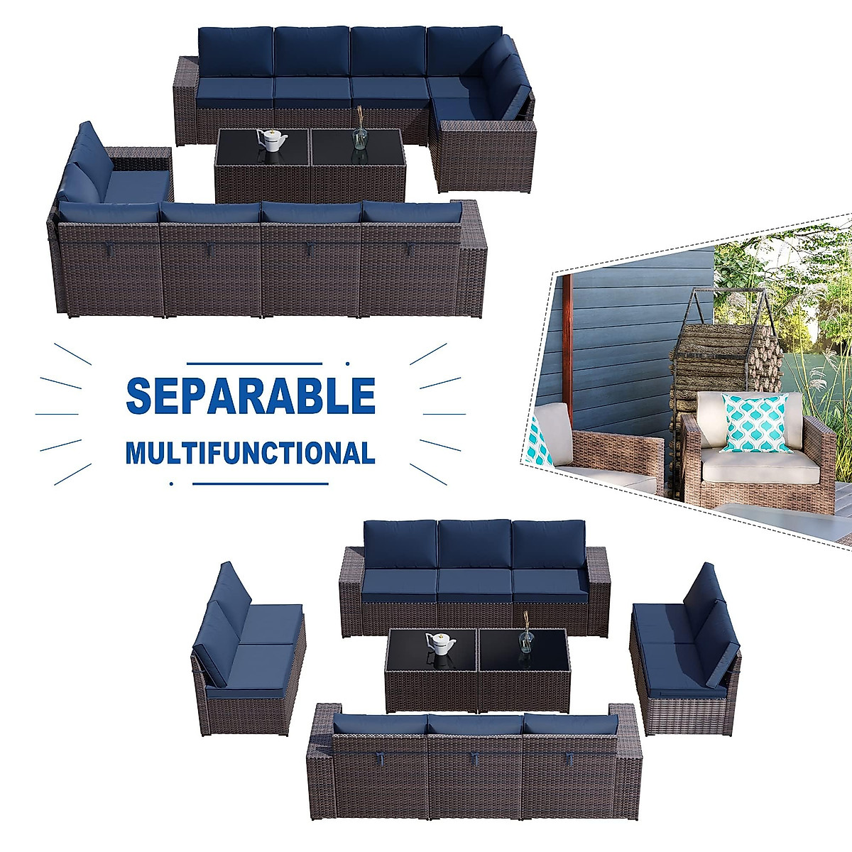 Kullavik 12PCS Outdoor Patio Furniture Set PE Wicker Rattan Sectional Sofa Patio Conversation Sets,Navy Blue