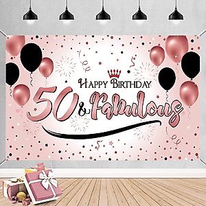 50th Birthday Backdrop Banner Black Rose Background Party Decoration for 50th Anniversary Photo Booth Background, 50th Birthday Party Supplies