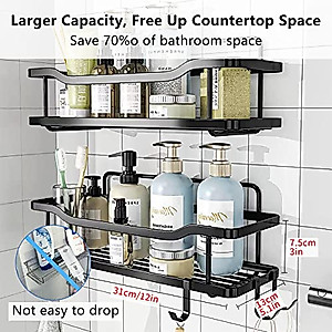 Bathroom Organizer Shelf Shower Caddy,No Drilling Adhesive Shelves Rustproof Sus304 Stainless Steel For Storage Organization,2 Pack With 4 Hooks,Matte Black Rack, SH-02