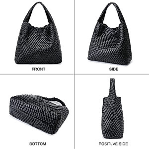 Fashion Woven Purse for Women Top-handle Shoulder Bag Soft Summer Hobo Tote Bag (Black)