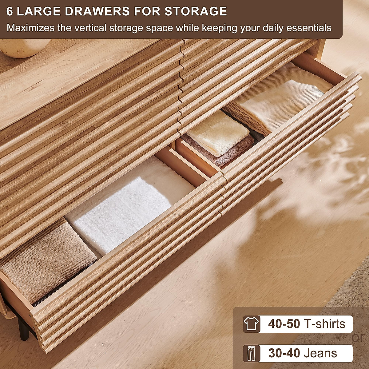 RedLemon 6 Drawers Dresser for Bedroom, 54'' Wide Mid Century Modern Wood Fluted Double Dresser, Chest of Drawers with Tapered Leg for Bedroom, Living Room, Hallway, Closet (Natural Oak