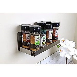Deco Gables Designs 4 Modern Brushed Stainless Steel Spice Racks Floating Wall Shelf Hanging Durable Polished Solid Metal for Home Kitchen Dining Room with Mounting Hardware 10 Inches Wide Set of 4