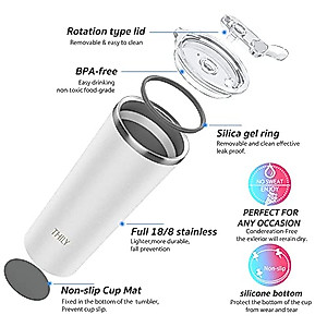 THILY Vacuum Insulated Tumbler Stainless Steel 26 oz Coffee Cup with 2 Lids and Straws, Powder Coated Travel Mug, Keeps Ice Drinks Cold, White