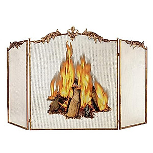 WICHEMI Fireplace Screen 3 Panel Folding Fireplace Screens 50.4 x 32.3 Inch Metal Furnace Fireguards Mesh Cover Baby Safe Proof Fence Spark Guard Cover Wrought Iron Fire Place Standing Gate (Golden)