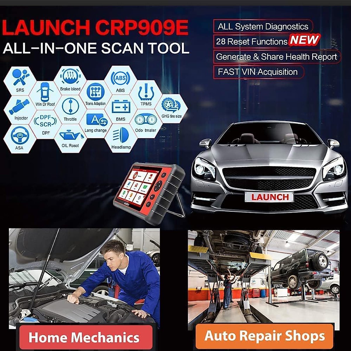 LAUNCH CRP909E Elite Full System OBD2 Scanner,2024 OE-Level Car Diagnostic Scan Tool,28+ Reset Service,TPMS,SAS,DPF,ABS Bleeding,2 Years Free Update
