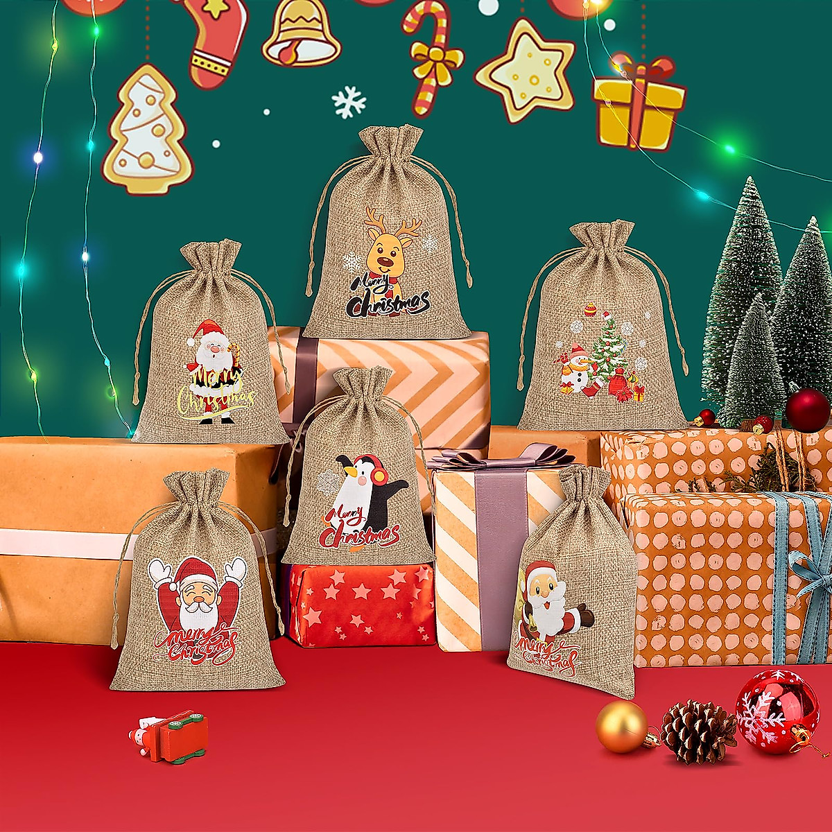 TANGXIA Christmas Small Burlap Bags with Drawstring, Burlap Gift Bags Christmas Linen Treat Sacks Gift Wrapping Bags Xmas Holiday Party Favors Bags(7x5 inch, 24 Pcs)