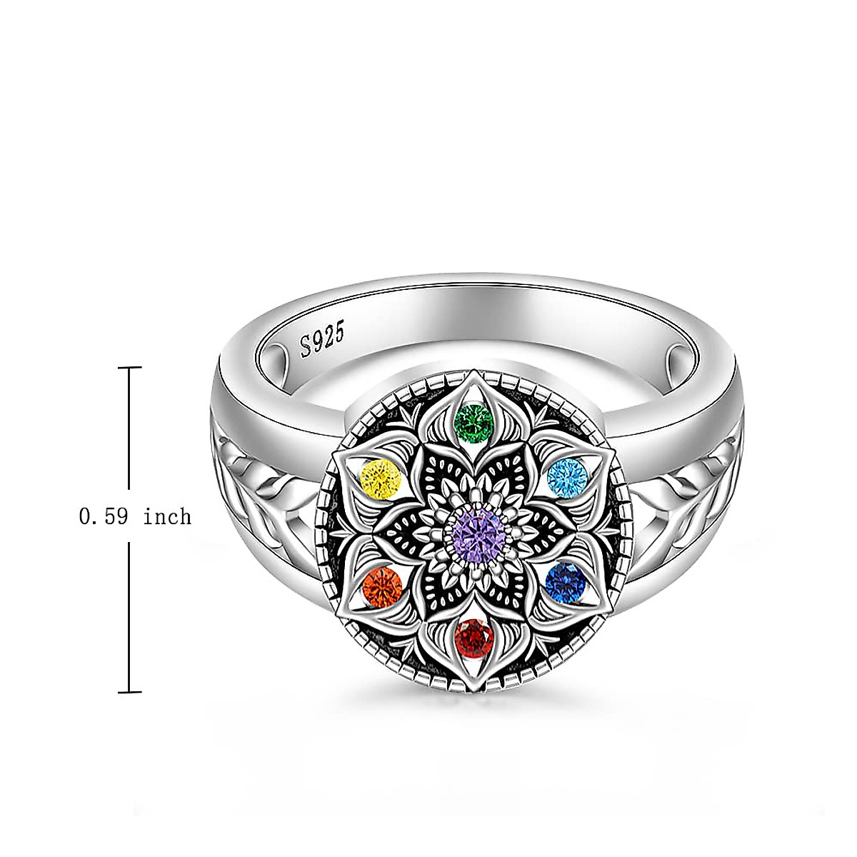 Chakra Ring Mandala Lotus Rings for Women Sterling Silver Yoga Lotus Flower Healing Crystal 7 Chakras Protection Balance Jewelry Gifts Size 7