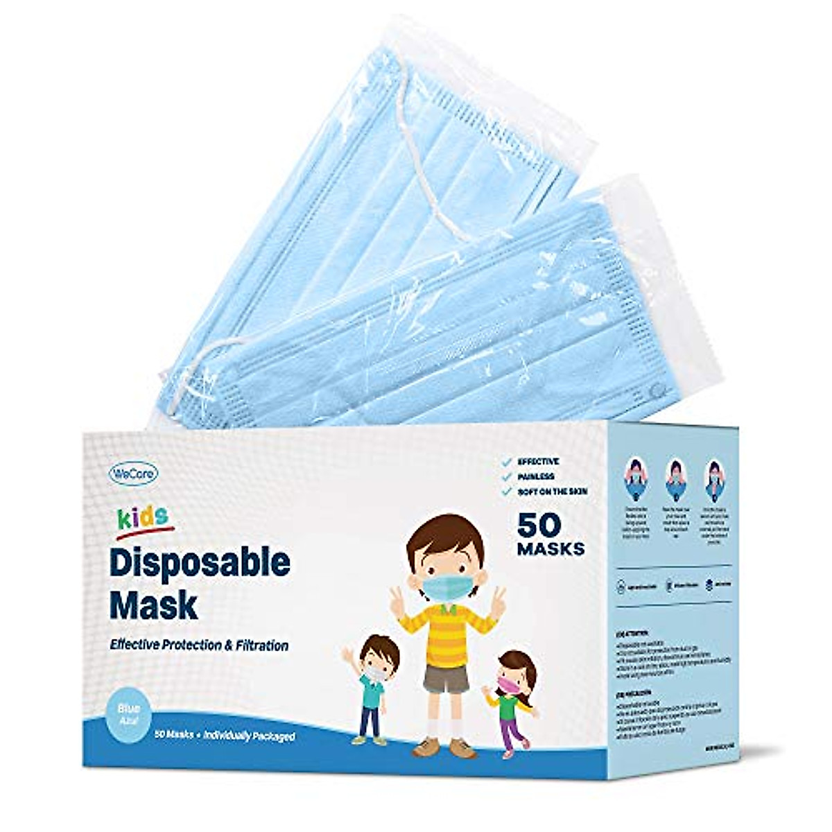 WECARE Disposable Face Masks For Kids, 50 Blue Face Masks, Individually Wrapped