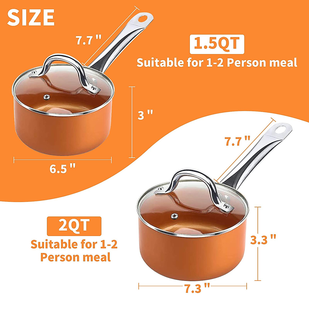 Zunmial Sauce Pan,4 Pieces Saucepan Set- 1.5Qt & 2Qt Nonstick Saucepans with Lids,Copper Pot,Non Stick Pots,Sauce Pot,Small Cooking Pot