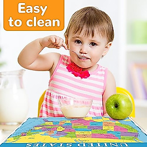 Educational Placemats for Kids Set of 8 World Map Placemat Non Slip Washable Eat Table Mat USA, Europe, Asia, Africa, South America, Central America, Canada Maps for Primary School Dining Table