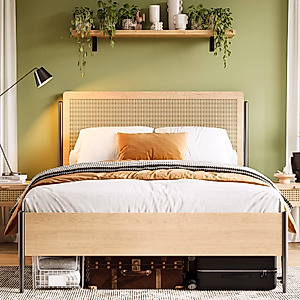 GarveeHome Queen Size Bed Frame with Rattan Headboard, Rattan Queen Platform Bed Boho Style with Strong Metal Slats Support, Under Bed Storage, Noise-Free, No Box Spring Needed, Light Oak