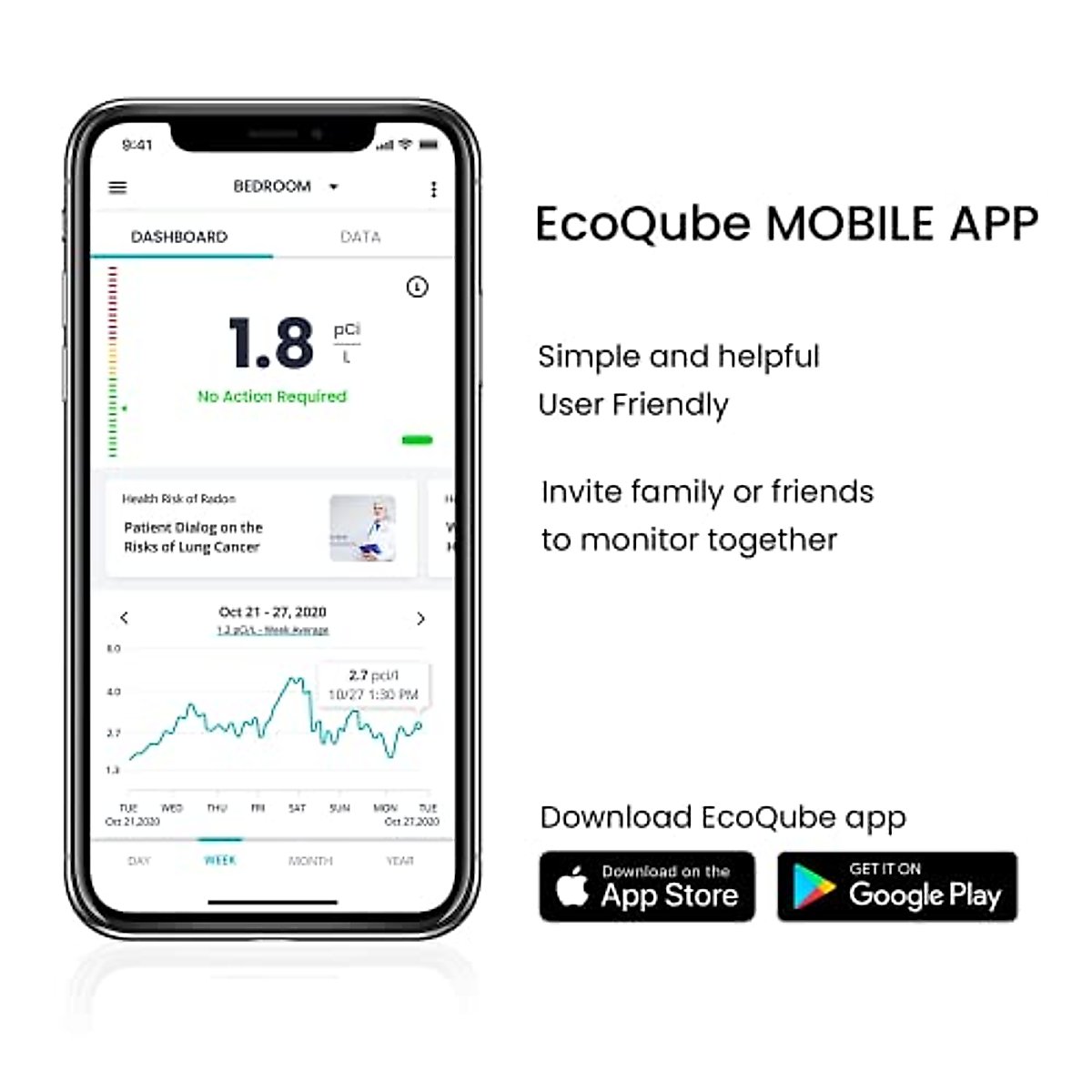 Ecosense EQ100 EcoQube, Smart Continuous Radon Detector for Home, Easy to Use, Accurate, Wi-Fi, USA Version pCi/L