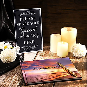 124 Pages Funeral Guest Book Celebration of Life Guest Book for Memorial Service Hardcover Guest Book, in Loving Memory Golden Pen and Memory Table Card Sign Included, Set of 3 Pieces(Elegant Style)
