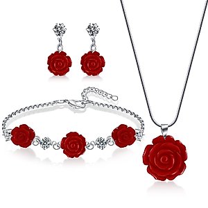 Fiada 1 Set Resin Rose Jewelry Red Necklaces with Diamond Flower Vintage Jewelry Dangle Necklace and Earring Sets for Women Pendent Bracelet for Bride Wedding Valentine Gifts