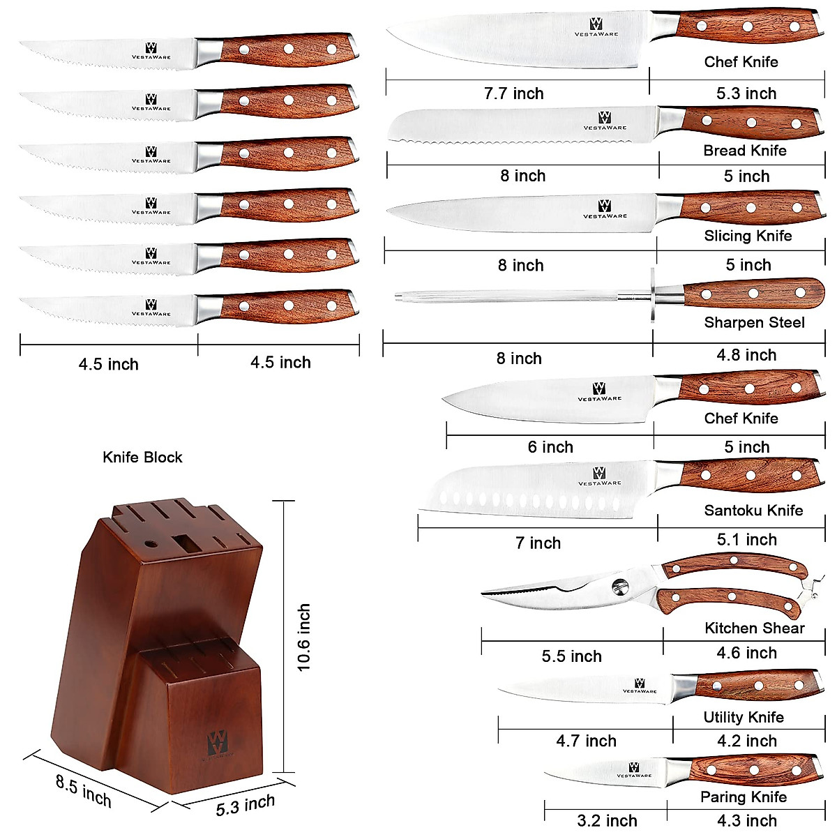 Knives Set for Kitchen, Vestaware 16-Piece Knives Set with Block Wooden, German Stainless Steel Forged Chef Knife Set Professional, Knife Block Set