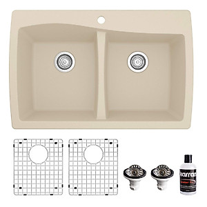 Karran QT-720 Drop-In Quartz Composite 34 in. 1-Hole 50/50 Double Bowl Kitchen Sink Kit in Bisque