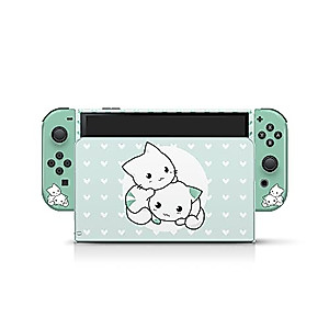 Tacky Design Cute Cats Skin Compatible with Nintendo Switch OLED Skin - Vinyl 3M Green Kawaii Nintendo Switch OLED Stickers Set - Switch OLED Skin for Console, Dock, Joy Con Wrap - Decal Full Wrap