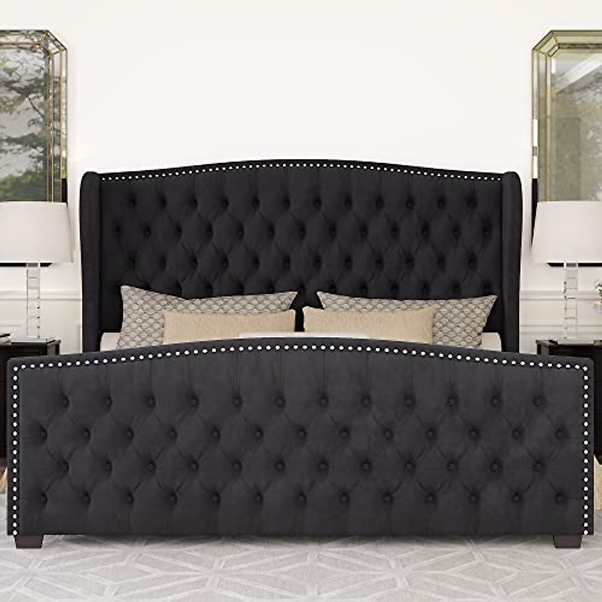 AMERLIFE Queen Size Platform Bed Frame, Velvet Upholstered Bed with Deep Button Tufted & Nailhead Trim Wingback Headboard/No Box Spring Needed/Black