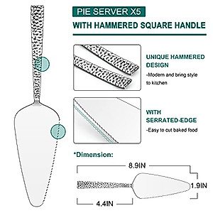 5-Piece Pie Server, E-far Hammered Stainless Steel Cake Server Spatula for Cutting Pastry Cheese Pizza, Serrated Edge with Square Handle, Mirror Polished & Dishwasher Safe-8.9 Inch
