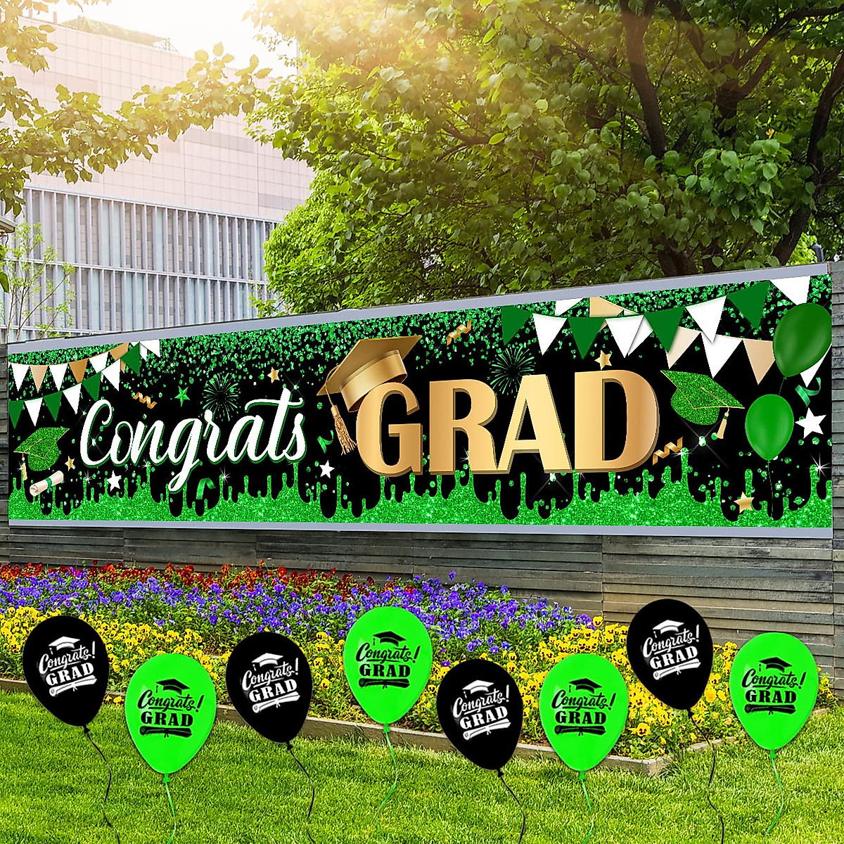 Large Congrats Grad Banner Green Class of 2023 Graduation Banner With 8 Pcs Balloons Decorations Yard Sign For College Graduation Party Supplies