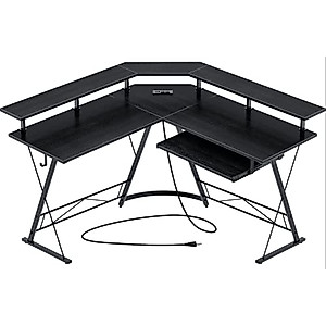 Rolanstar Computer Desk L Shaped, Gaming Desk with Power Outlet, 54” Reversible Desk with Monitor Stand and Keyboard Tray, Home Office Desk with Hook, Black
