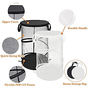 Collapsible Round Popup Laundry Hamper with Lid 2PCS Set, White & Black Foldable Mesh Laundry Basket with Reinforced Carry Handles Solid Bottom, Large Double Clothes Hamper for College Dorm Travel