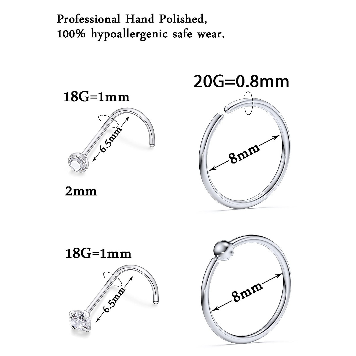 Boernfnso 18G Nose Rings for Women Surgical Steel Nose Rings Hoops Nose Piercing Jewelry,Screw Nose Rings, Corkscrew Nose Ring Studs,Opal Nose Ring CZ Screw Nose Studs，Cute Nose Rings,Silver