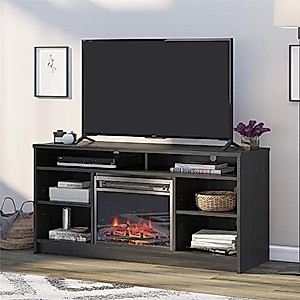 Ameriwood Home Hendrix 55" TV Stand with Electric Fireplace Insert and 6 Shelves, Black Oak, 5.87"D x 47.6"W x 23.27"H