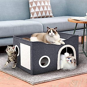 Heeyoo Cat House for Indoor Cats - Large Cat Bed Cave with Fluffy Ball and Scratch Pad, Foldable Cat Houses & Condos, Cat Cubes, Cat Hideaway, Covered Cat Bed for Multi Small Pet Large Kitty