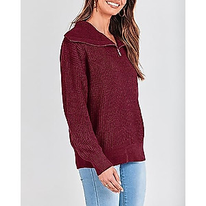 KIRUNDO Women's 2023 Fall Winter Long Sleeve Quarter Zip Pullover Casual V Neck Ribbed Knit Sweaters Jumper Tops(Wine Red, Medium)