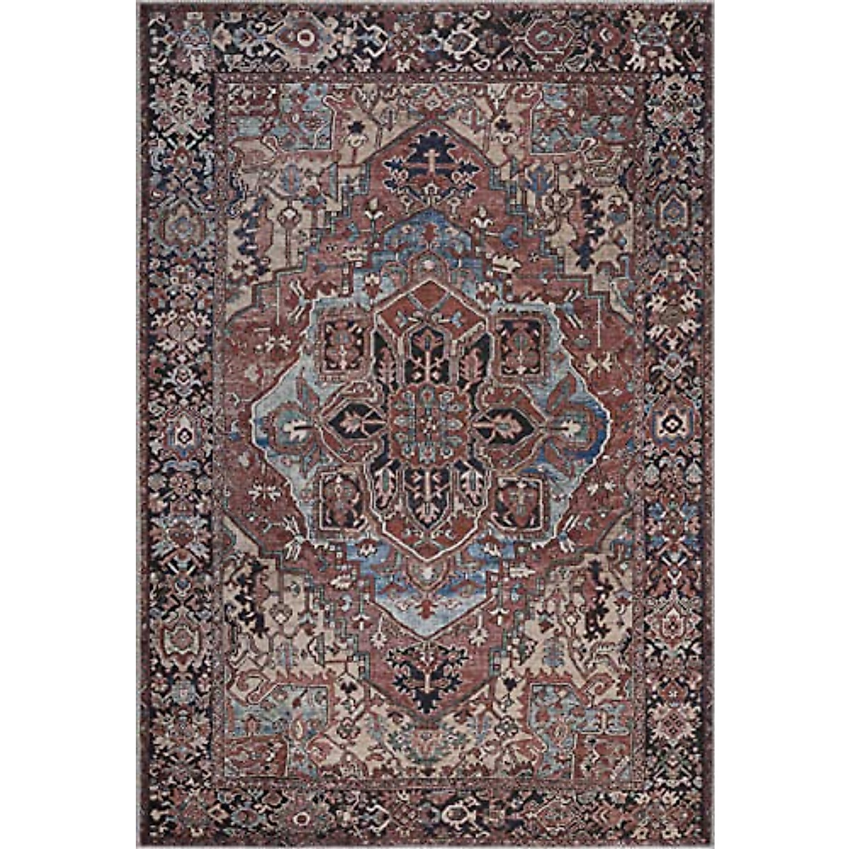Neyland Machine Washable Living Room Area Rug - Oriental Traditional Persian Medallion Carpet - Vintage Bohemian Look - Dark Red, Burgundy, Blue - 9' x 12'