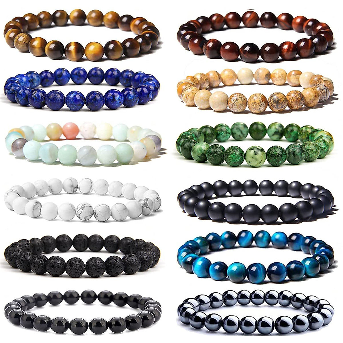 Svovin 12 Pcs 8mm Gemstones Beaded Bracelets for Men Women Semi-Precious Stone Stretch Round Bead Crystal Bracelets Unisex