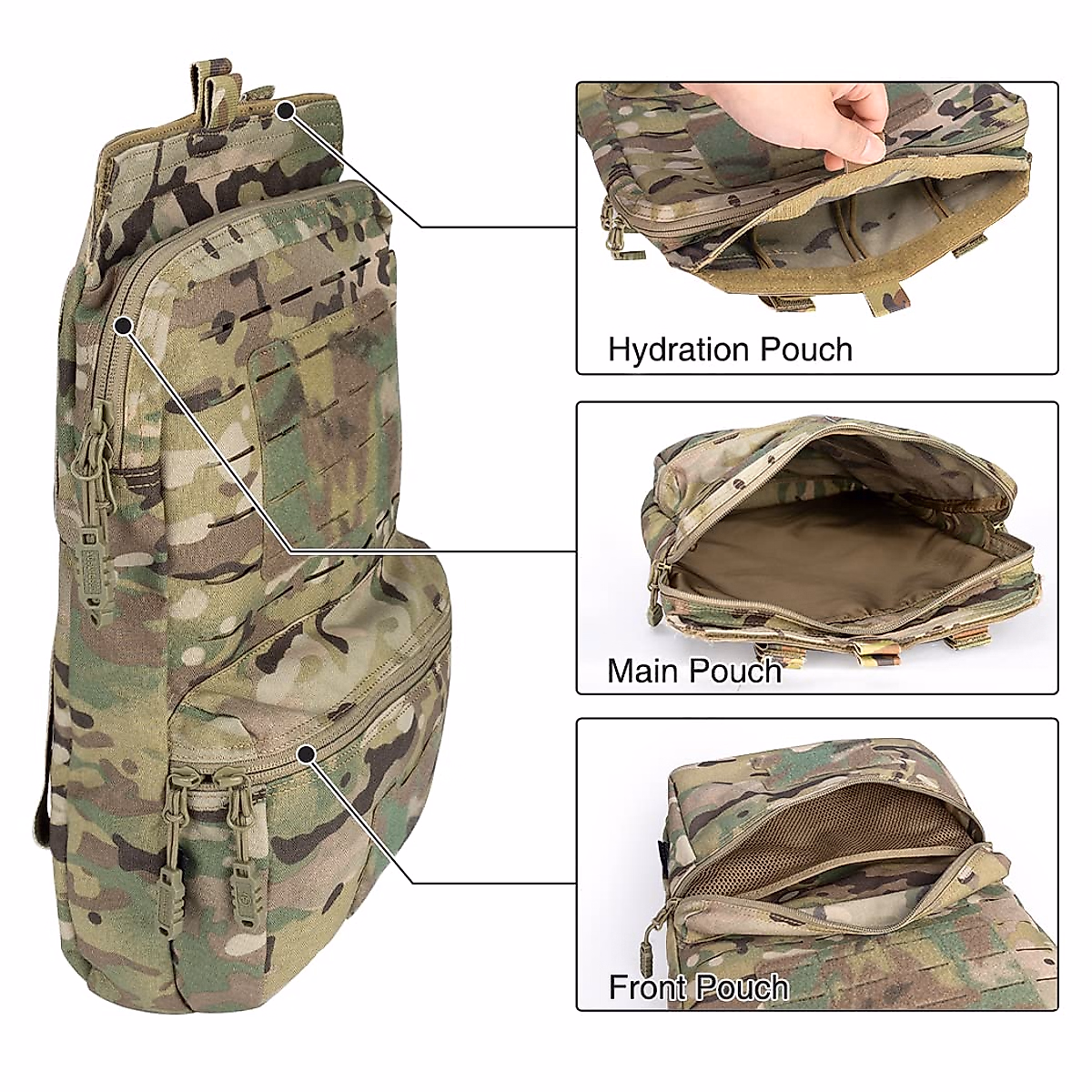 Tactical MOLLE Hydration Pack for 2L Hydration Water Bladder Hydration Bag for Tactical Backpack 500D Nylon (Multi-camo)