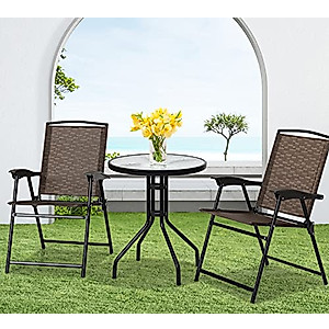Tangkula 3 Pieces Patio Bistro Set, Outdoor Folding Chairs & Table Set with Tempered Glass Tabletop, Round Table & 2 Foldable Chairs, Small Outdoor Furniture Set for Garden, Poolside & Backyard