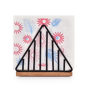 EDHAS Iron Triangle Design Black Napkin Holder with Mango Wood Base for Tables, Countertop, Kitchen & Dining Room Décor (6" x 3" x 5.5")