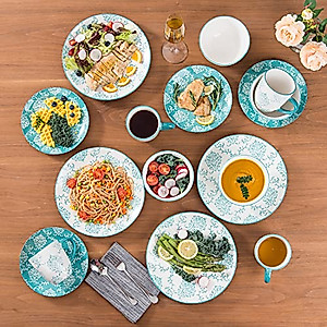 Original Heart 16-pieces Dinnerware Sets Ceramic Dish Set, Plates and Bowls Sets, Turquoise Dish Set for 4, Stackble, Nonstick, Stoneware Dinnerware Set for Kitchen