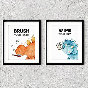 FALJIOK Funny Dinosaur Bathroom Decor, Brush Flush Wipe Wash Baby Boy Nursery Bathroom Wall Art Prints Decorations for Kids Nursery Boy Girl Son Bathroom Set of 4(8" x 10") Unframed