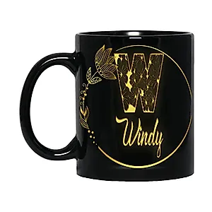 Coffee Mug Personalized Windy Name & Initial Letter Monogram Floral Alphabet Mug Golden Flowers Custom Black Coffee Cup, Gift for Her Mom Coworker Sister, Wife, Girl 11oz Black Mug 721926