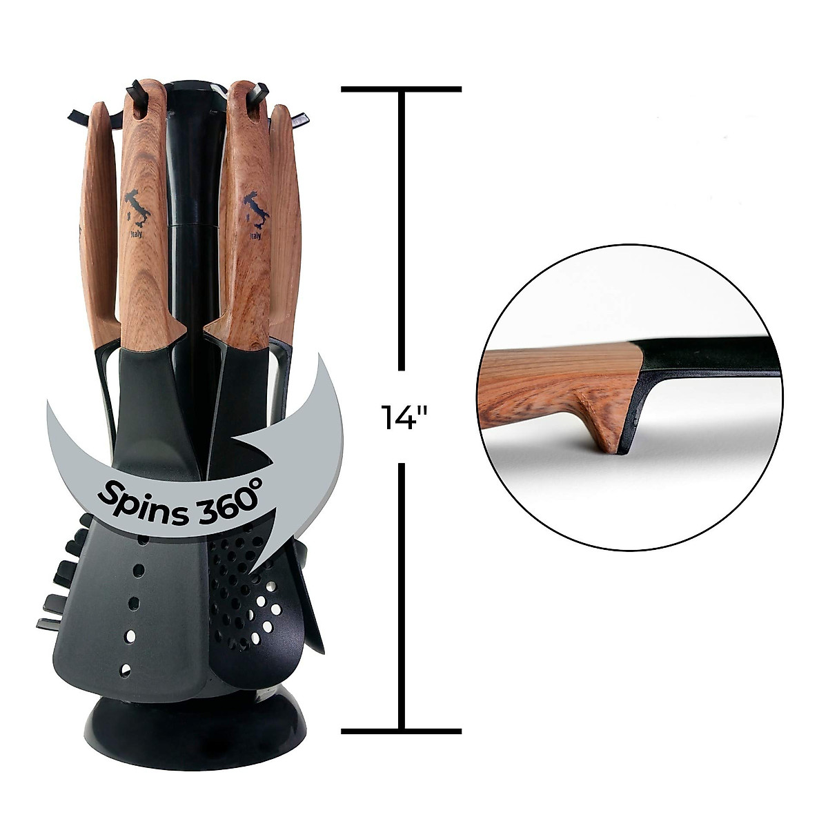 AJ Kitchen Utensils, Utensils Set, Cooking Utensils Set, Kitchen Utensils Set, 7-Pieces Nylon Utensil Sets with Rotating Stand, Non-Stick Cooking Utensils Set, Italian Design.