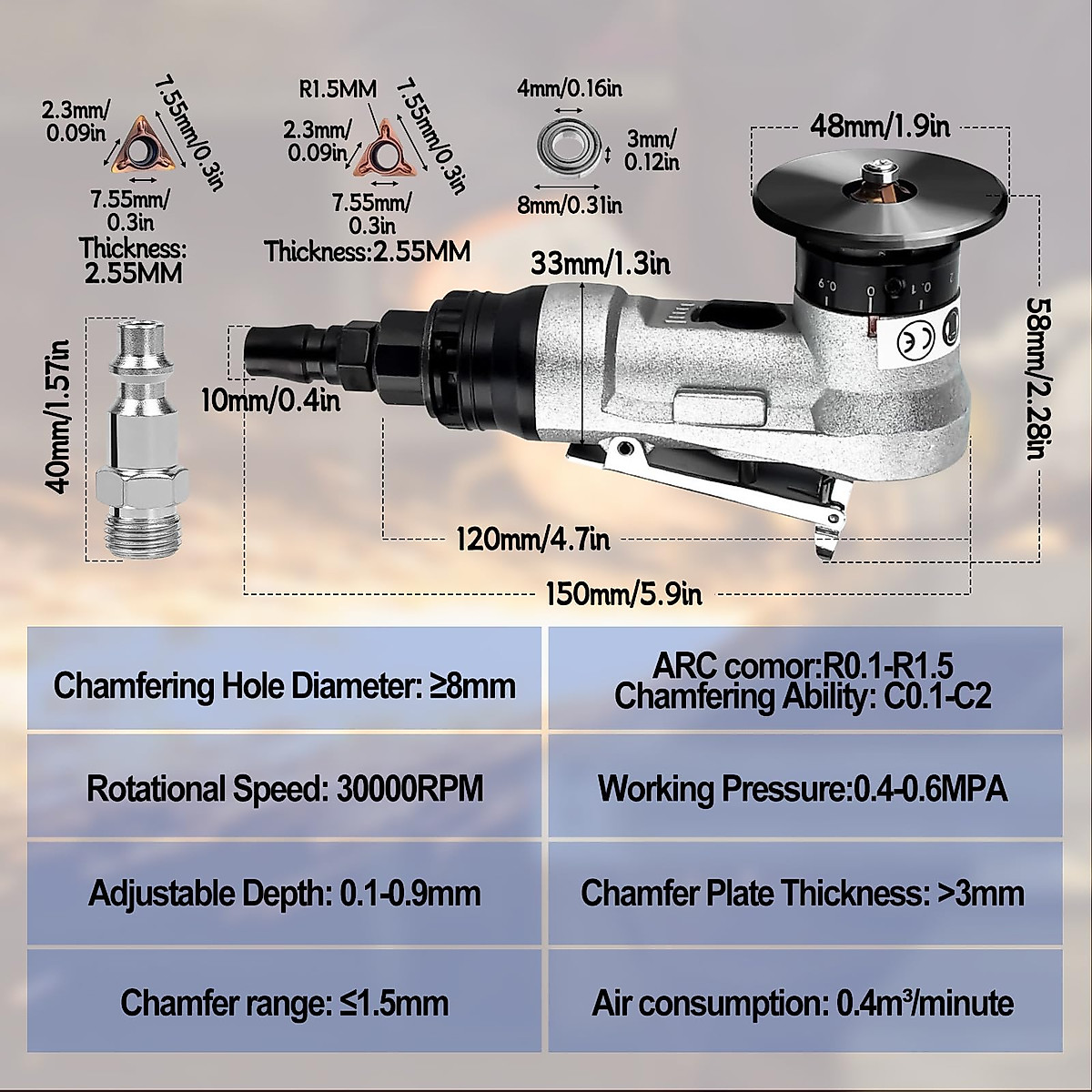 Yuqutum 2 in 1 Mini Pneumatic Chamfering Machine, Handheld 45 Degree Arc Pneumatic Chamfer Tool, Portable Deburring Tool for Metal Wood, Air Chamfer Tool with Replace Blade and Bearing(C/R blade)