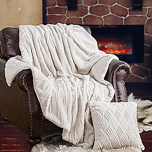 BATTILO HOME White Cream Faux Fur Throw Blanket for Couch, Soft Couch Blanket Cozy Fur Blanket Throw 50"x60", with 1 Fur Pillow Cover 18"x18",Ivory