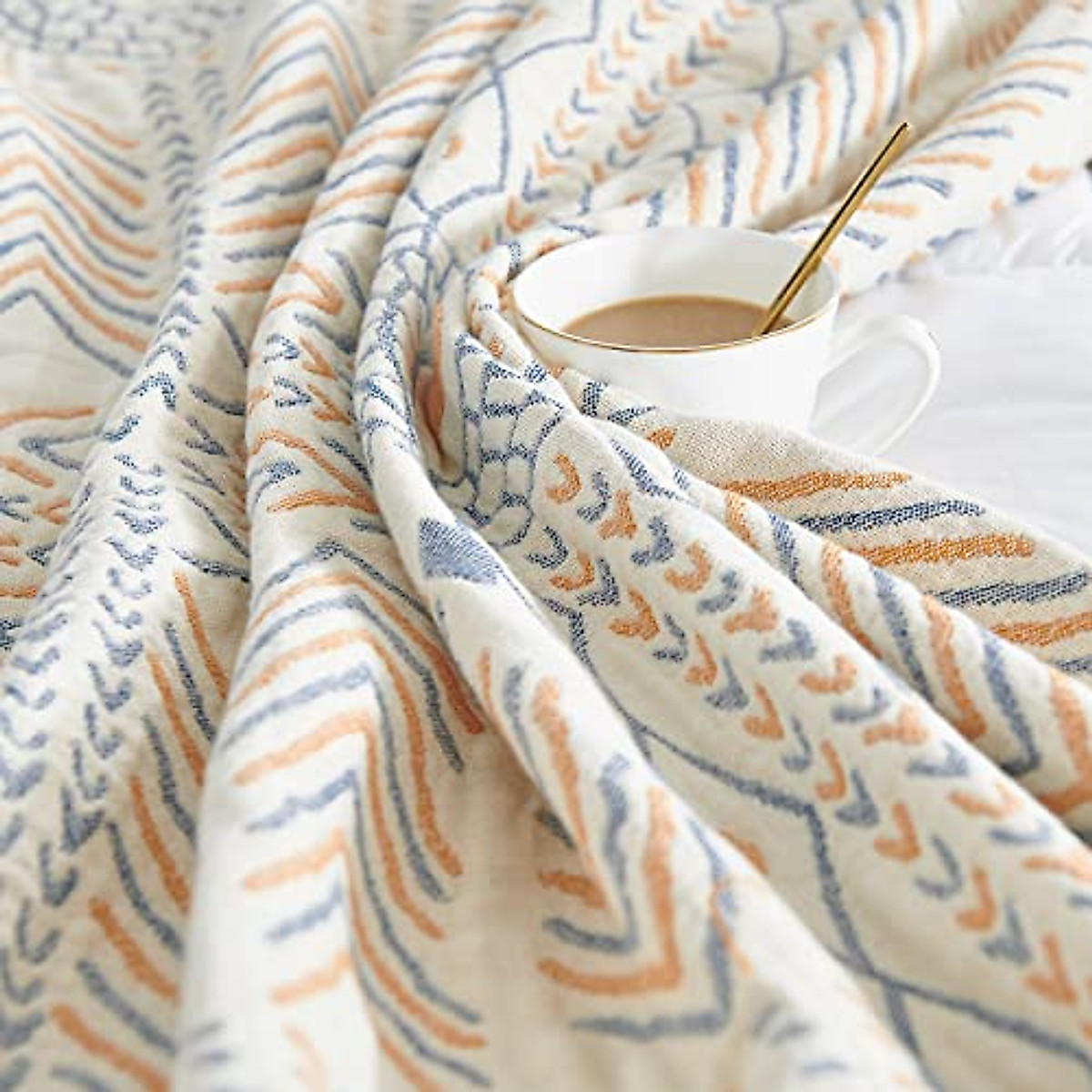 COLLACT Boho Throw Blanket for Couch Cotton Sofa Jacquard Coverlet Orange Throw Blankets for Bed Bohemian Geometric Throws Soft Cozy Quilted Blanket Year Round 60x80 Inch Orange