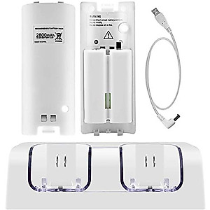 Wii Charging Station, Dual Charger Dock with Two Rechargeable 2800mAH Batteries for Wii Remote Controller(White)