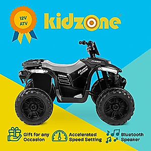 Kidzone 12V Ride On ATV Vehicle 3-7 Yeas Old Big Kid up to 77lbs, Electric 4-Wheeler Quad Battery Powered Car for Boys & Girls Gift Whit DIY License Plate, MP3, High Low Speeds, LED Light, Bluetooth