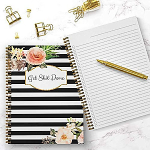 Softcover Classic Floral Get Stuff Done 8.5" x 11" Motivational Spiral Notebook/Journal, 120 Checklist Pages, Durable Gloss Laminated Cover, Gold Wire-o Spiral. Made in the USA