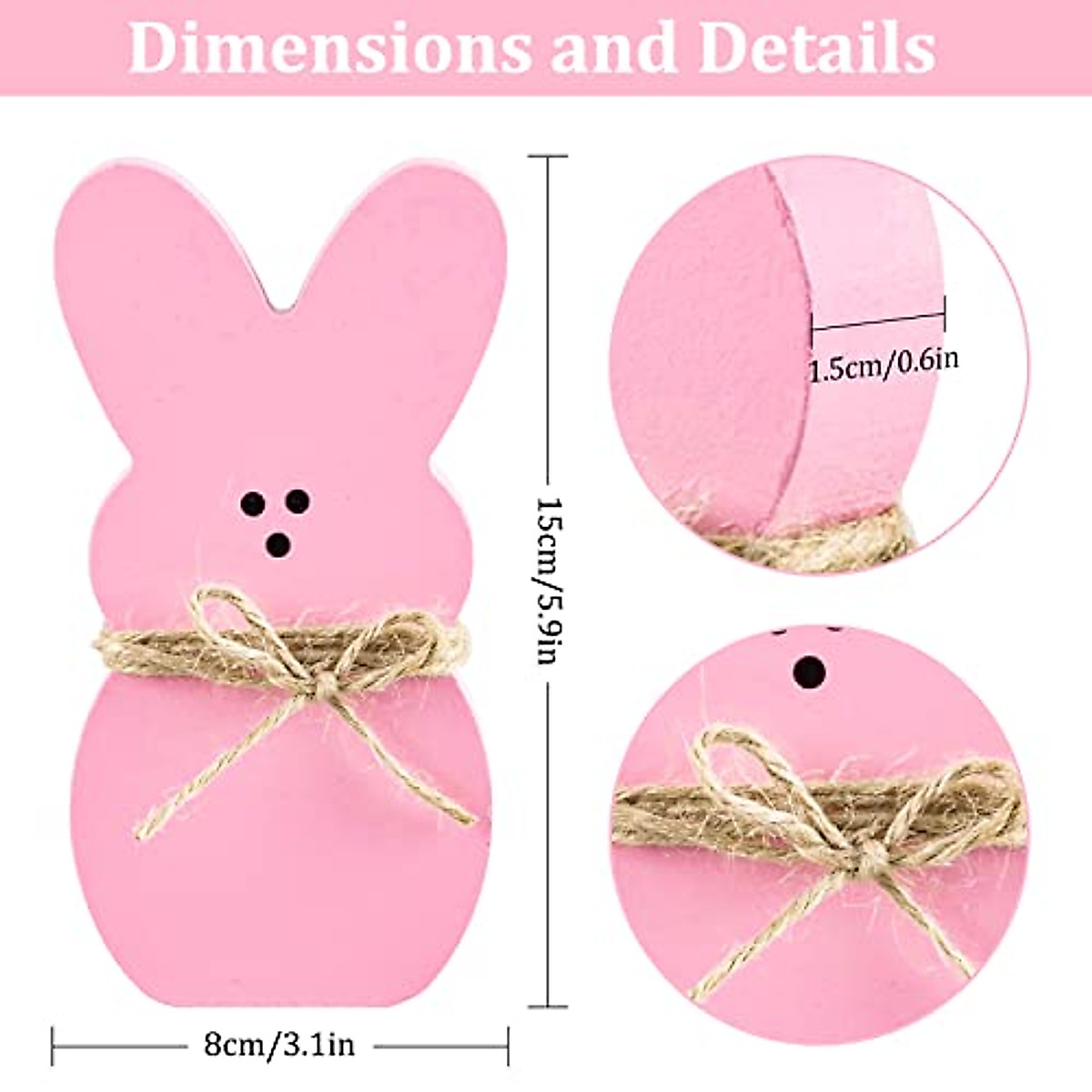 Whaline 3Pcs Easter Bunny Wood Sign Pink Blue Yellow Easter Rabbit Table Centerpiece with 32.8ft Jute Rope Freestanding Bunny Tabletop Tiered Tray Decor for Spring Birthday Home Farmhouse Party