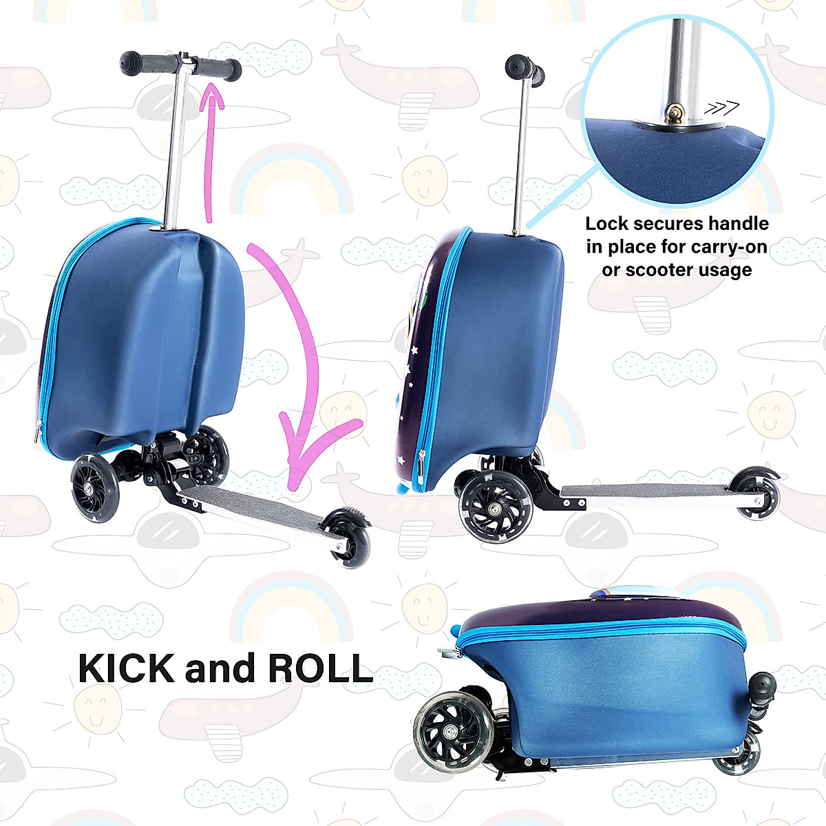 KIDDIETOTES 3-D Hardshell Ride On Suitcase Scooter for Kids -Cute Lightweight Kids Luggage with Wheels - Fun LED Lights